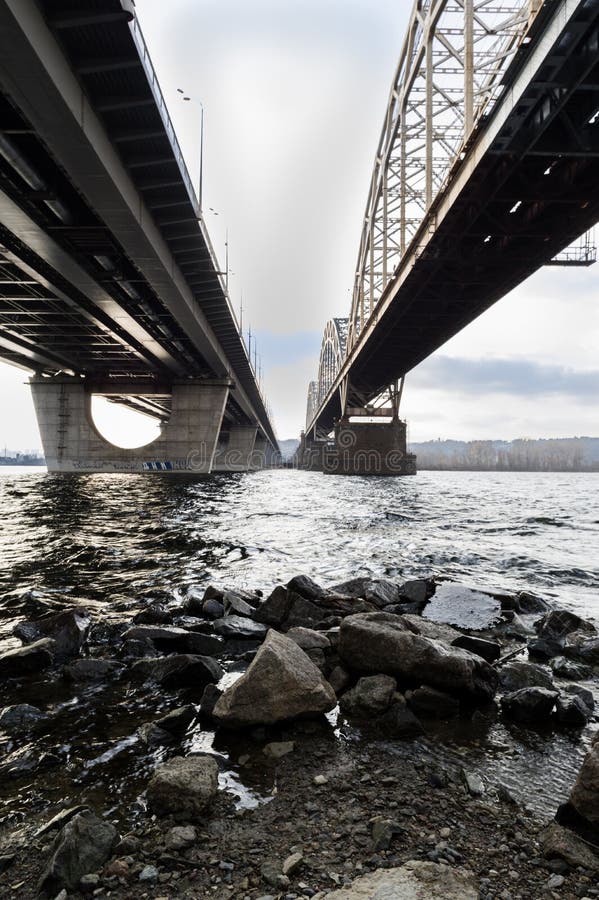 Two Parallel Bridges Over the River. Perspective and Depth Stock Image ...