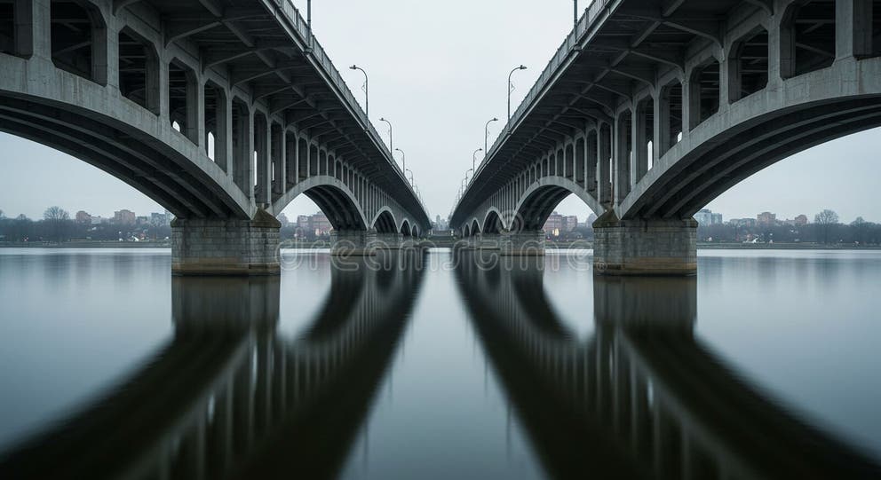 Two Parallel Concrete Bridges Span Across a Calm River, Their Arches ...