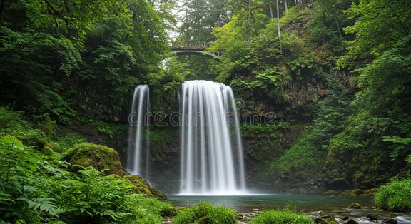 Two Parallel Waterfalls Cascade Over a Rock Ledge Surrounded by Lush ...