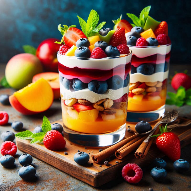 Two Parfait Glasses Layered with Yogurt, Fruit, Nuts, and Berries Stock ...