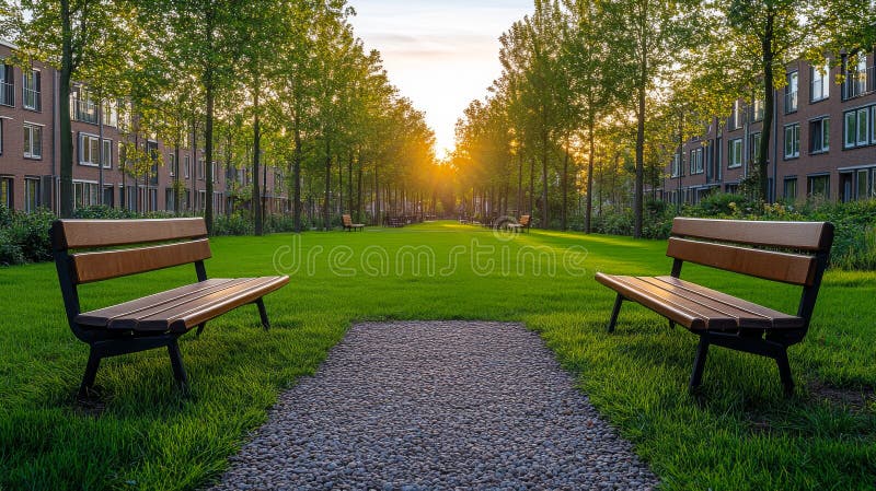 Two Park Benches are Placed in a Grassy Area with Trees in the ...