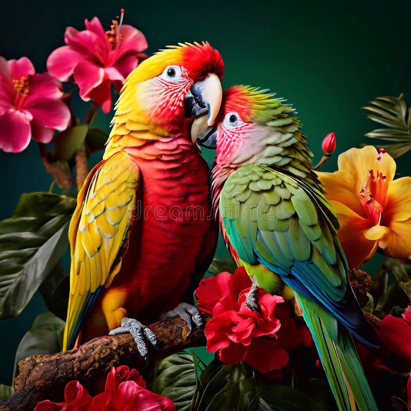 Two Parrots Cuddle Together on a Twig with Red, Pink Yellow Hibiscus ...