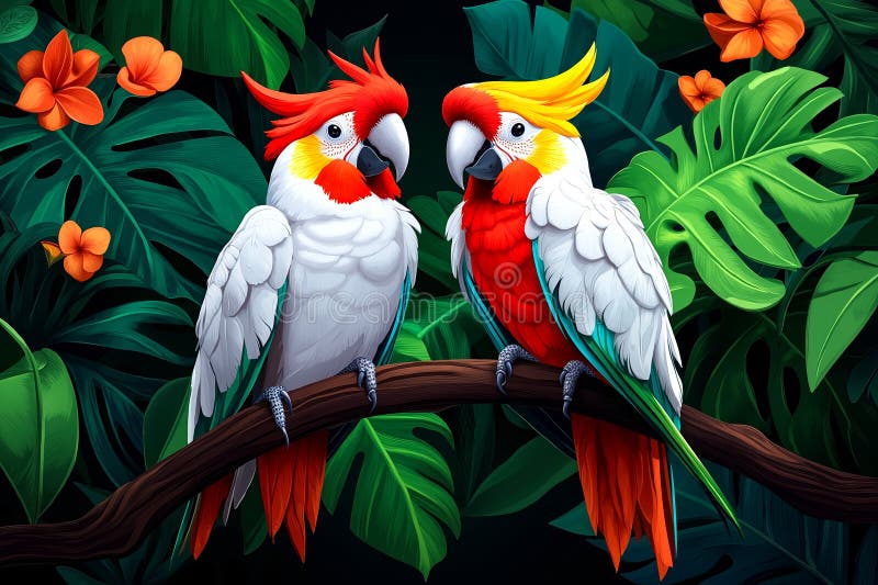 Two Parrots Sitting on a Branch in the Jungle Stock Image - Image of ...