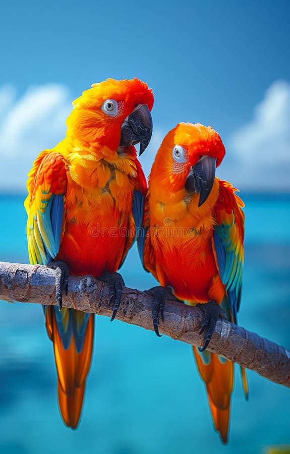 Two Parrots are Sitting on Branch Against the Backdrop of the Sea Stock ...