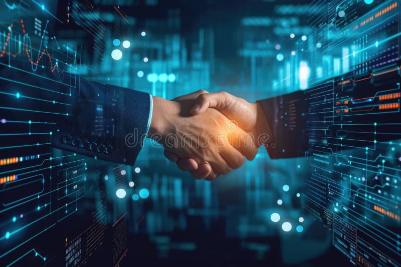 Two Partners Shake Hands Surrounded by Digital Graphs and Silhouettes ...
