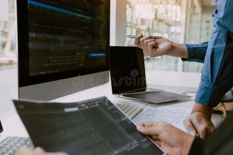 Two Partnerships Developing Programming And Coding Technologies Working On Laptop And Analyzing