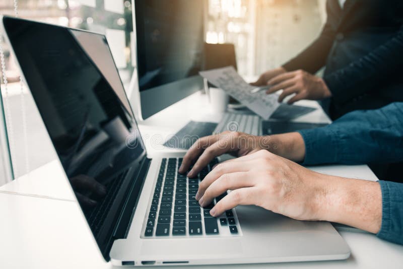 Two Partnerships Developing Programming And Coding Technologies Working On Laptop And Analyzing
