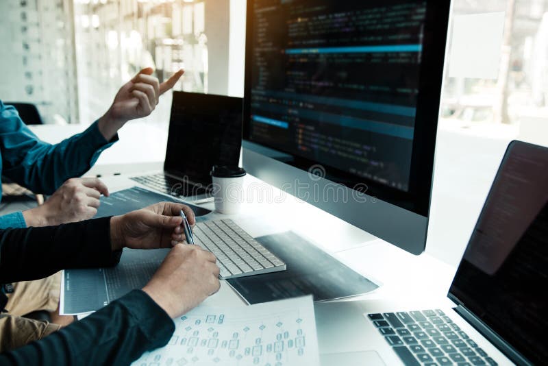 Two Partnerships Developing Programming And Coding Technologies Working On Laptop And Analyzing