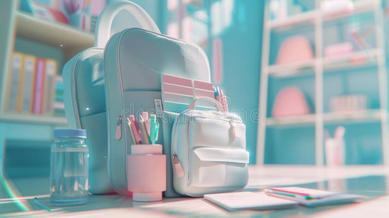 Two Pastel Blue Backpacks Sit on a Desk with School Supplies Stock ...