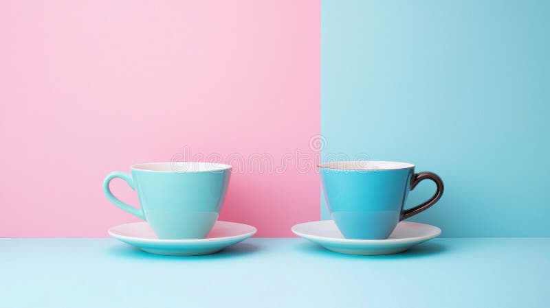 Two Pastel-colored Coffee Cups on Matching Saucers Stock Photo - Image ...