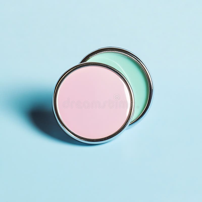 Two Pastel Colored Round Containers on Blue Background Stock Photo ...