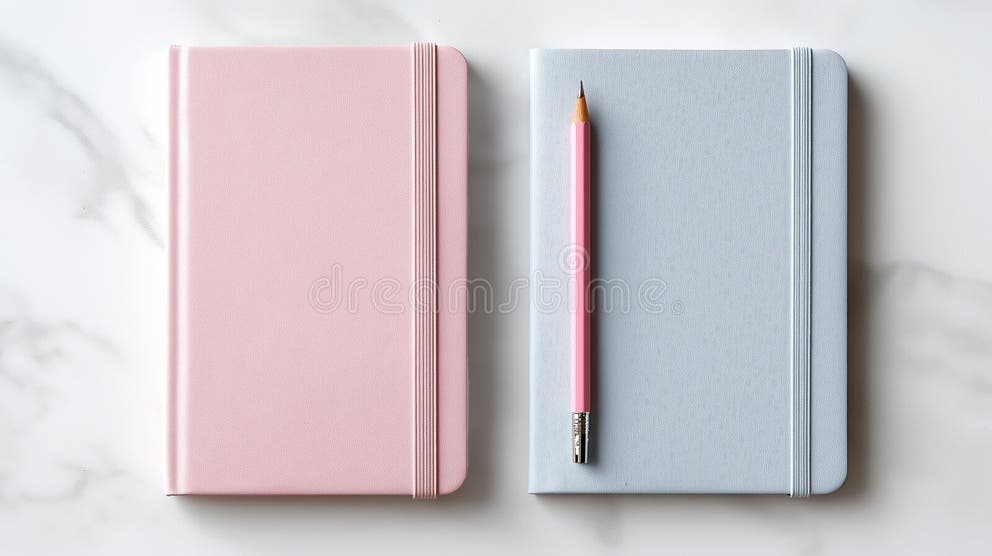Stylish Notebooks in Pastel Colors with a Pencil on a Marble Surface ...