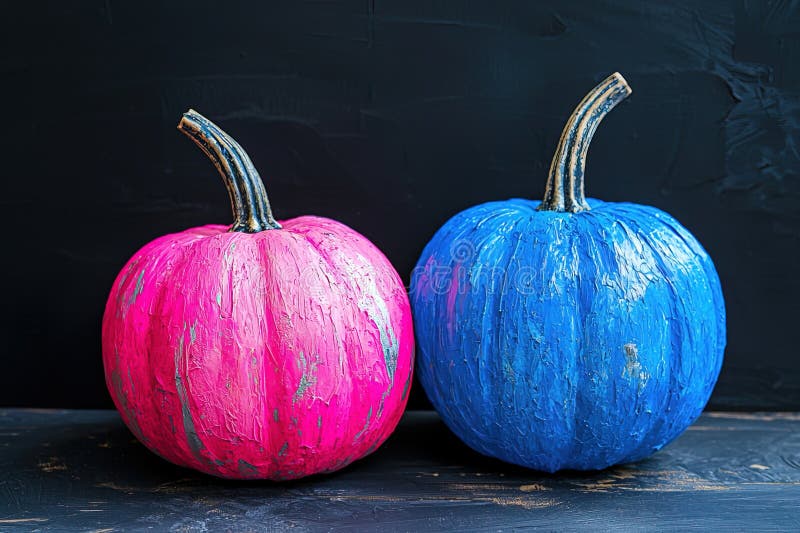 Two Pastel Pink Blue Pumpkins Closeup on Dark Background with Copy ...