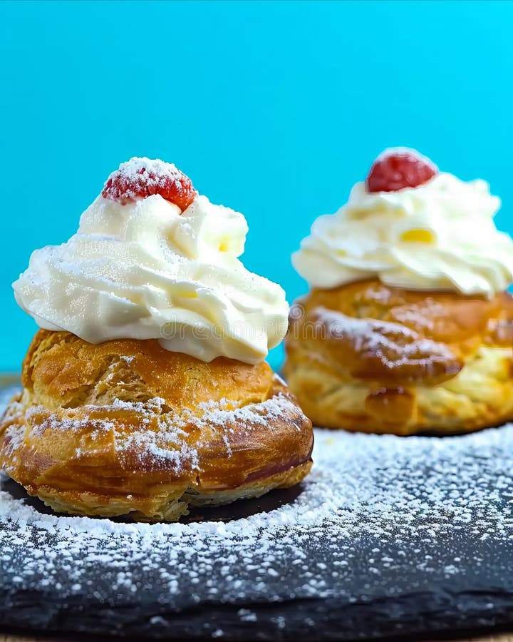 Two Pastries with Whipped Cream and a Cherry on Top Stock Image - Image ...