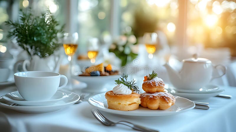 Two Pastries with Whipped Cream on a White Plate on a Table Set for ...