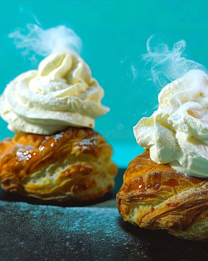 Two Pastry Puffs with Whipped Cream on Top Stock Image - Image of ...