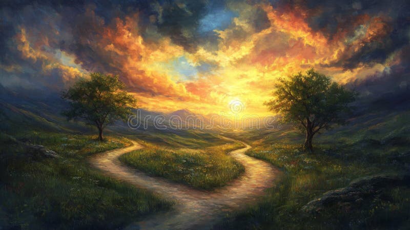 Two Paths Diverging at Sunset in a Vibrant Meadow Stock Illustration ...