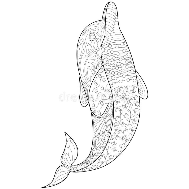 Two Patterned Dolphins Line Art, Black and White Line Art Illustration ...