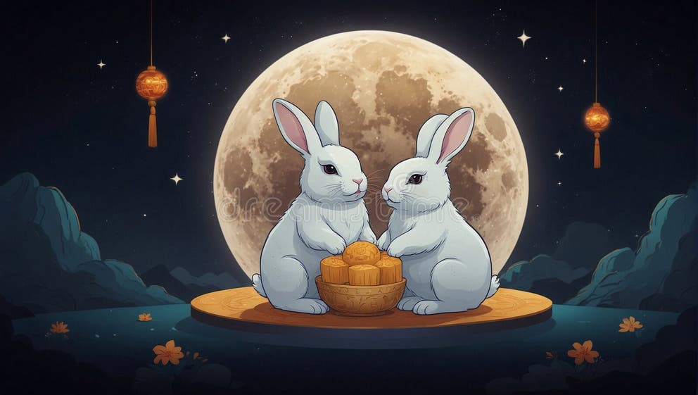 Two Peaceful White Rabbits Enjoy a Mooncake Under the Full Moon, AI ...