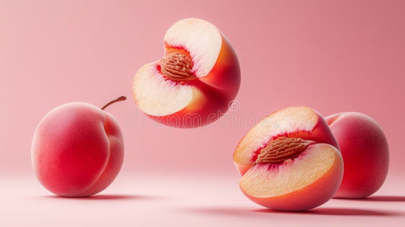 Two Peach Halves Float in Front of a Pink Backdrop Stock Image - Image ...