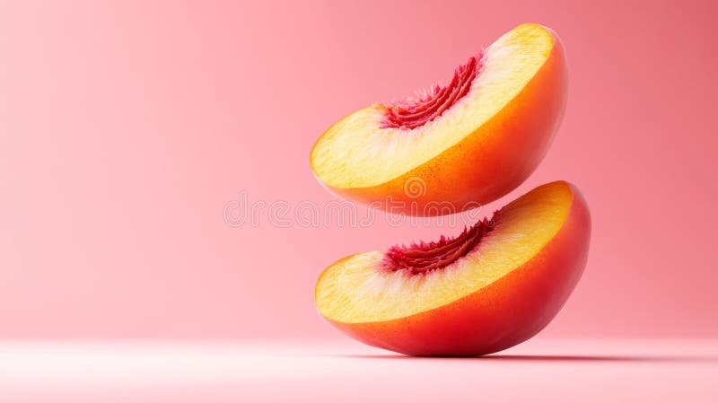 Two Peach Halves are Suspended in a Pink-colored Setting Stock Image ...