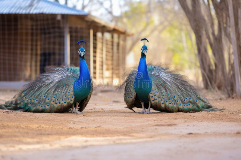 Two Peacocks, One with Full-spread Feathers, the Other Observing Stock ...
