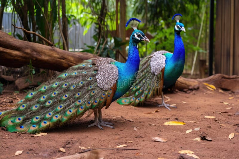 Two Peacocks, One with Full-spread Feathers, the Other Observing Stock ...