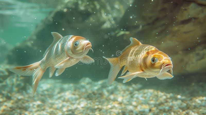 Two Pearl Koi Fish Swimming in the Clear Water, Shining with Light ...