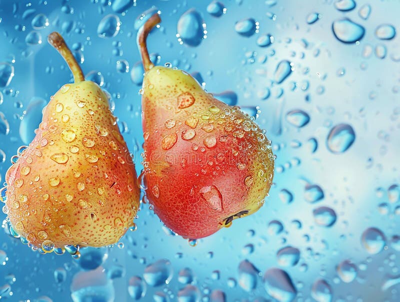 Two Pears in Splash of Water on Heavenly Blue Background Stock ...