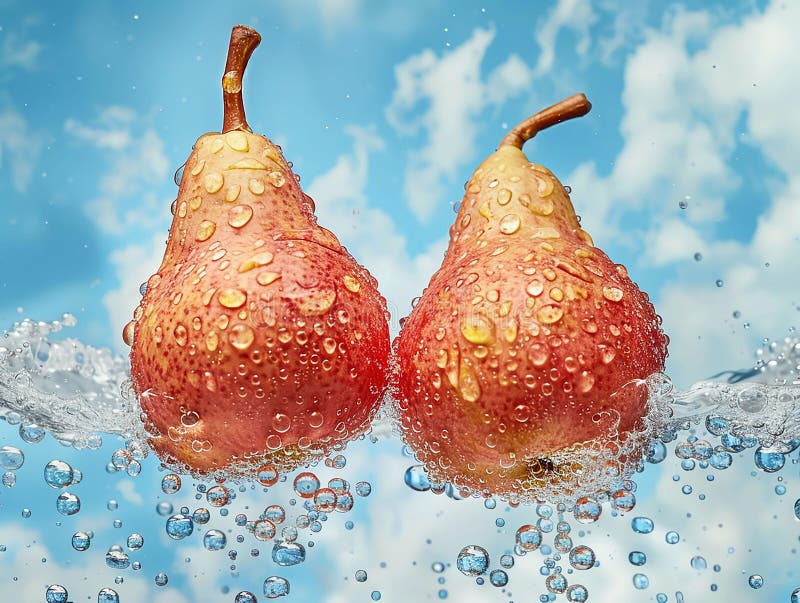 Two Pears in Splash of Water on Heavenly Blue Background Stock ...