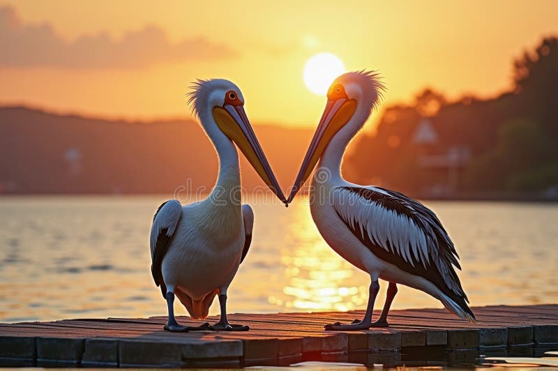 Two Pelicans Facing Each Other at Sunset on a Lake Dock Stock Photo ...