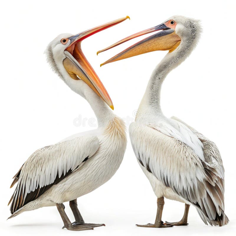 Two Pelicans Standing with Beaks Open Isolated on White Stock ...