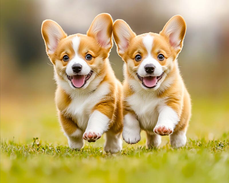 Two Pembroke Welsh Corgi Puppies Running in the Grass Stock Photo ...