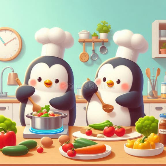Two Penguins Chefs Cooking in the Kitchen. Stock Image - Image of soup ...