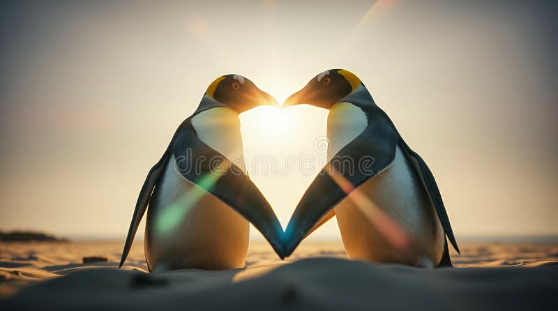 Two Penguins Forming a Heart Shape on a Beach, Vibrant Colors and Light ...