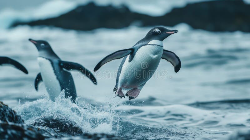 Two Penguins Leaping in Ocean Waves Stock Illustration - Illustration ...