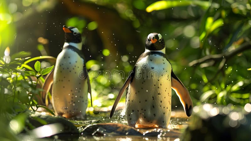 Two Penguins Playing in Lush Green Tropical Forest Setting Stock ...