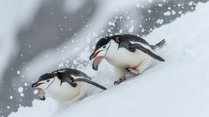 Two Penguins Running on Snow Stock Illustration - Illustration of ...