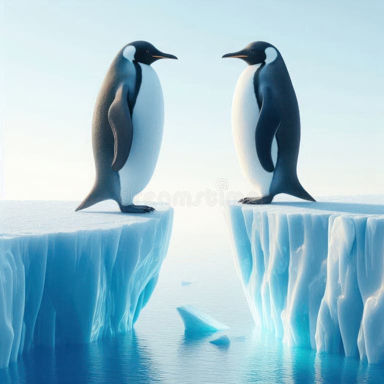 Two Penguins Stand on Different Ice Platforms. Stock Photo - Image of ...