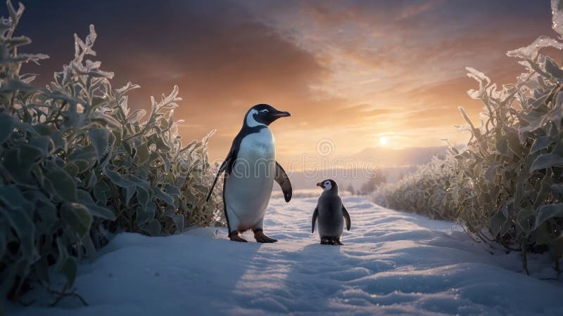 Majestic Penguin Parents at Sunset in Antarctica Stock Illustration - Illustration of wildlife ...