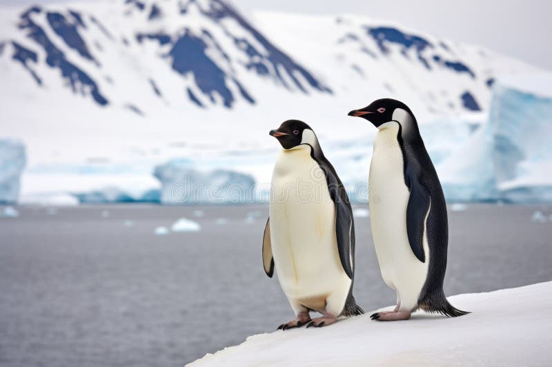 Two Penguins Standing Side by Side on a Icy Landscape Stock ...