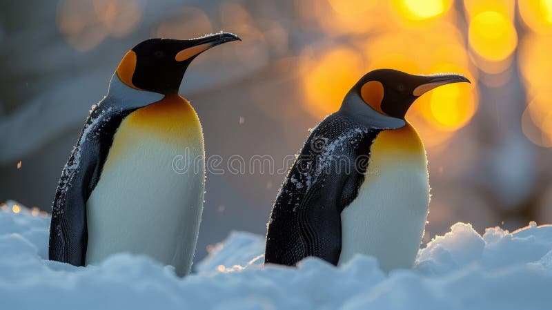Two Penguins Standing in the Snow with a Bright Sun Behind Them, AI ...