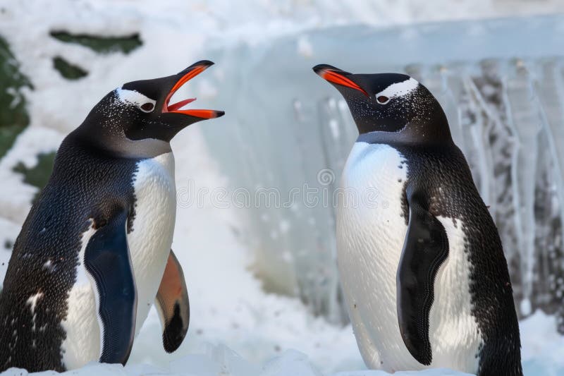 Two Penguins Vocalizing at Each Other, Ice Backdrop Stock Image - Image ...