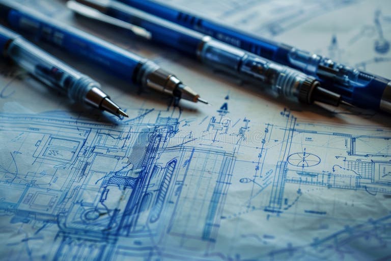 Two Pens Placed on Top of a Monochromatic Blueprint Sketch with ...