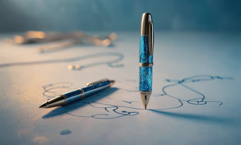Two Pens are Sitting on a Table, One of Which is Blue and the Other is ...