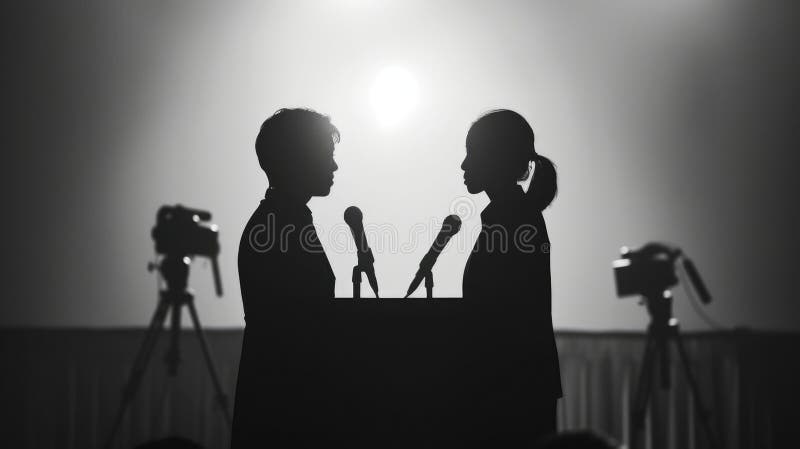 Two People Addressing the Audience from Behind a Microphone, a Common ...