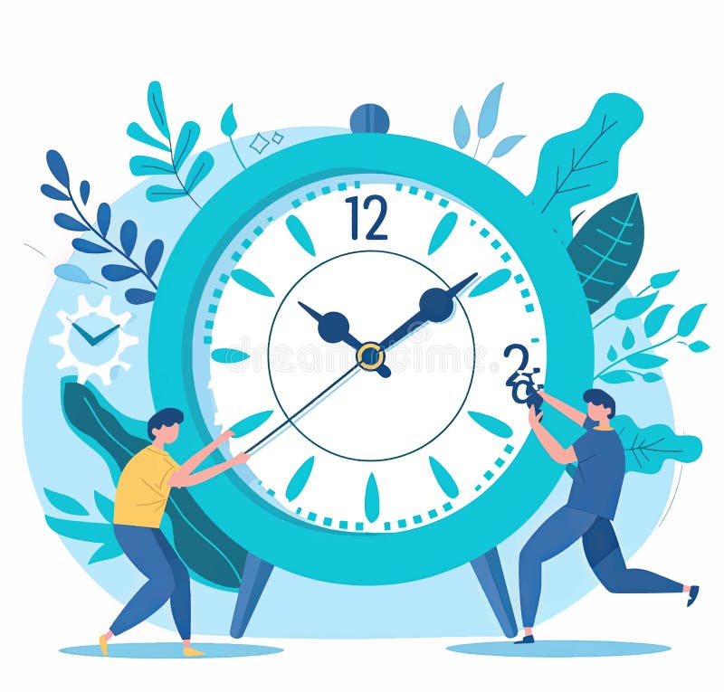 Two People Adjusting Giant Clock Hands Surrounded by Decorative Leaves ...