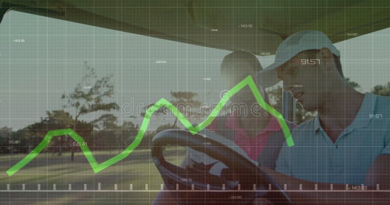 Two People Analyzing Data with Financial Graph Animation Over Golf ...