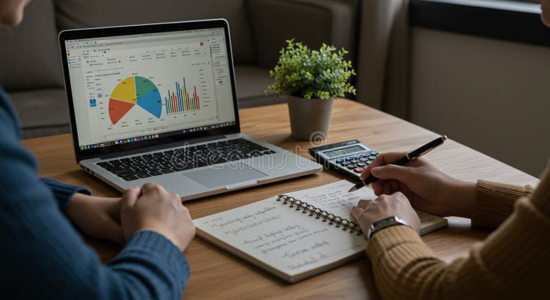 Two People Analyzing Financial Data on Laptop and Taking Notes Stock ...
