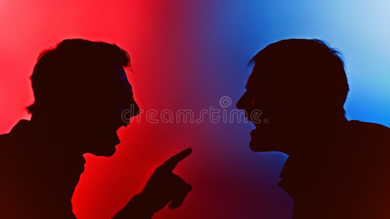 Two People Argue,their Silhouettes Highlighted by Vibrant Red and Blue ...
